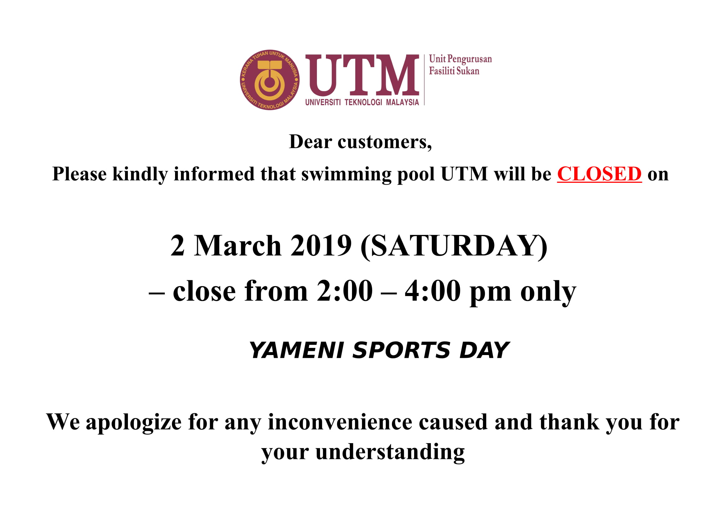 Swimming pool will be CLOSED – format baru-1 | Unit of Sport Facilities ...