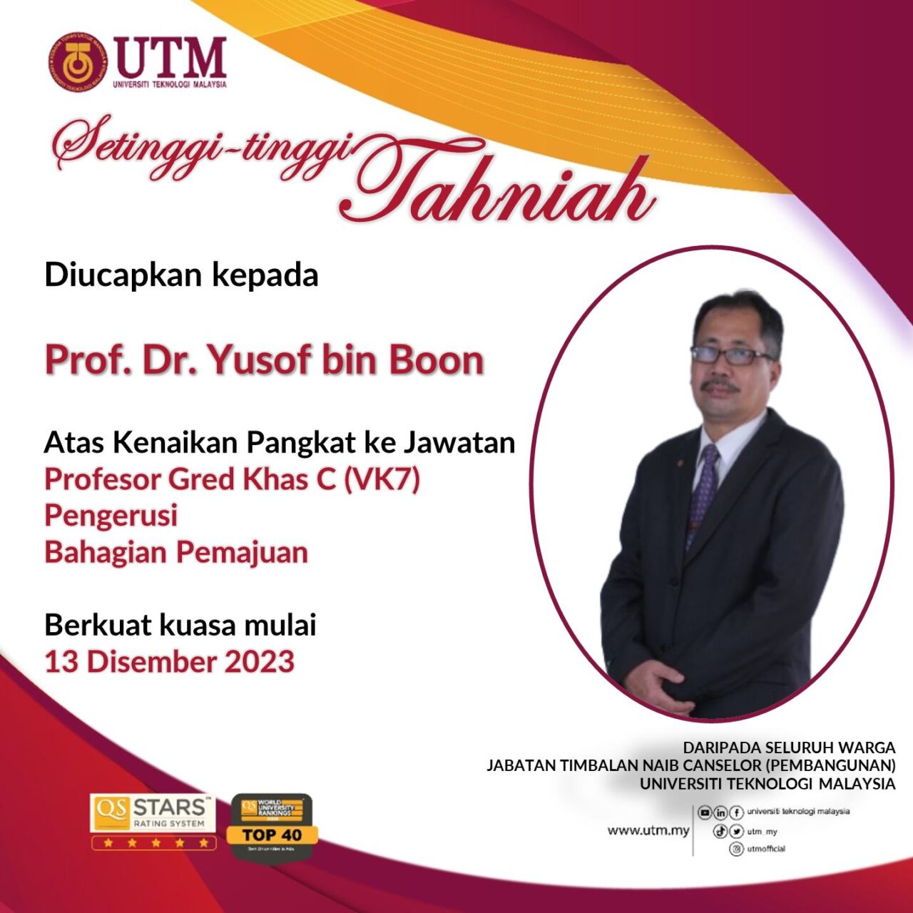 Setinggi-tinggi Tahniah Prof. Dr. Yusof bin Boon | Department of Deputy ...