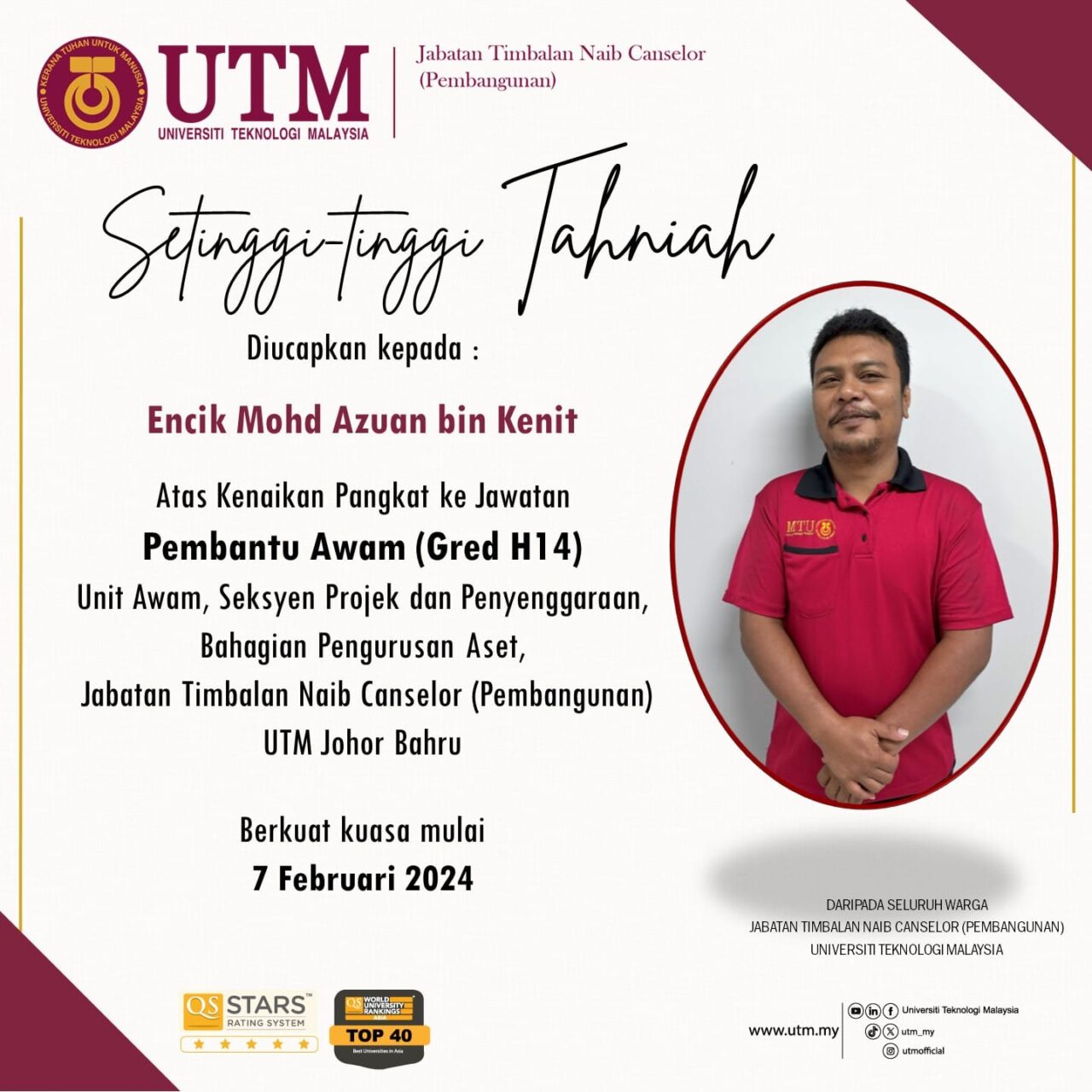 Setinggi-tinggi Tahniah Encik Mohd Azuan bin Kenit | Department of ...