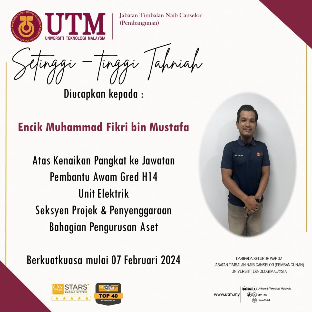 Setinggi-tinggi Tahniah Encik Muhammad Fikri bin Mustafa | Department of Deputy Vice Chancellor ...