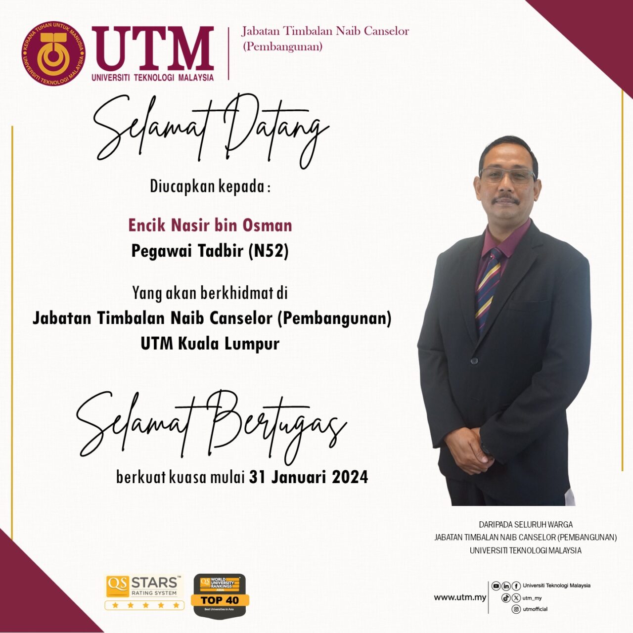 Selamat Datang Encik Nasir bin Osman | Department of Deputy Vice Chancellor (Development)